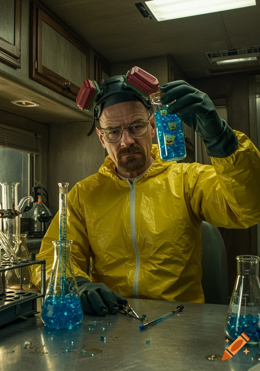 Walter White in a yellow hazmat suit holds a vial of blue crystals ...
