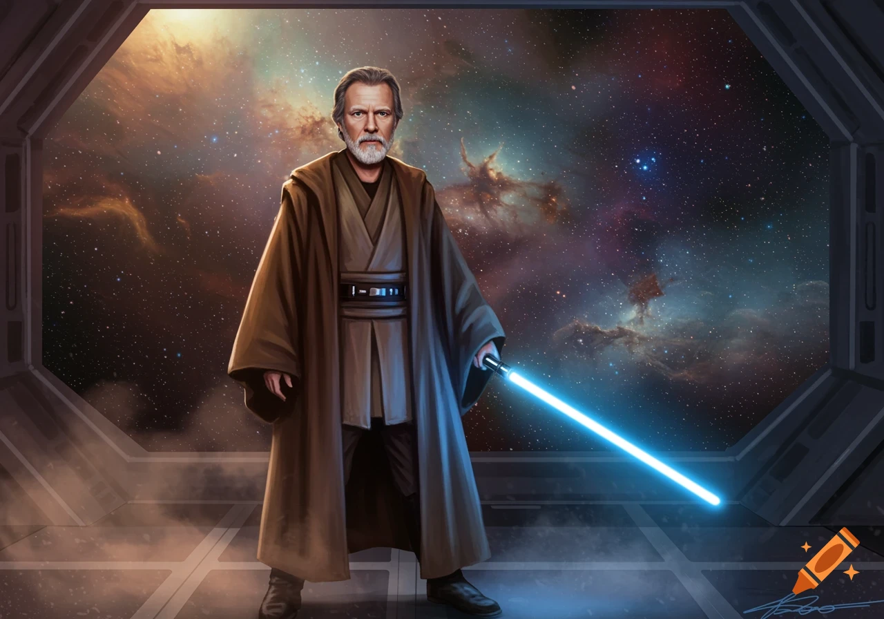 Obi-Wan Kenobi in a brown robe stands in a spaceship cockpit, gesturing ...