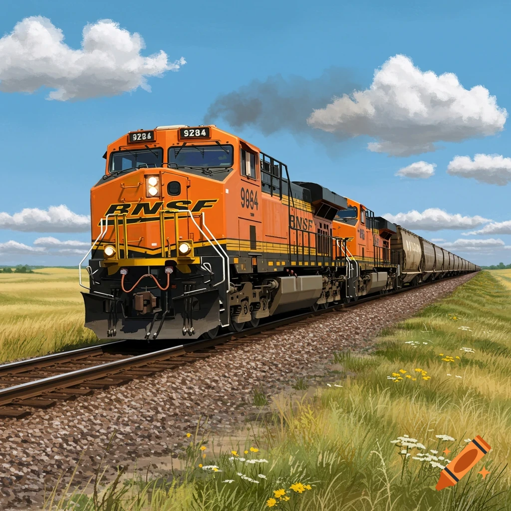 An orange BNSF train on tracks through a green and golden field under a ...