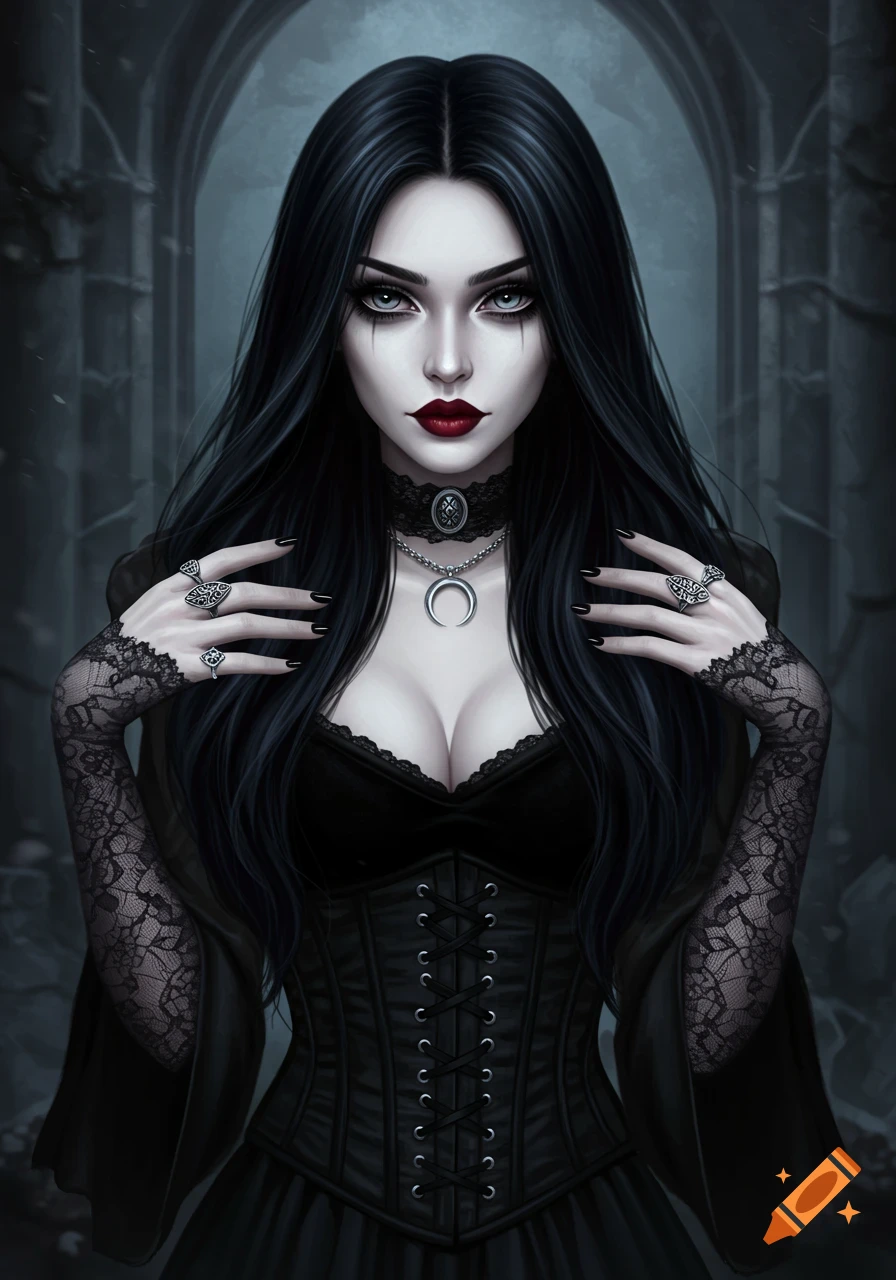 A digital art portrait of a gothic woman with long black hair, pale skin, and dark makeup ...