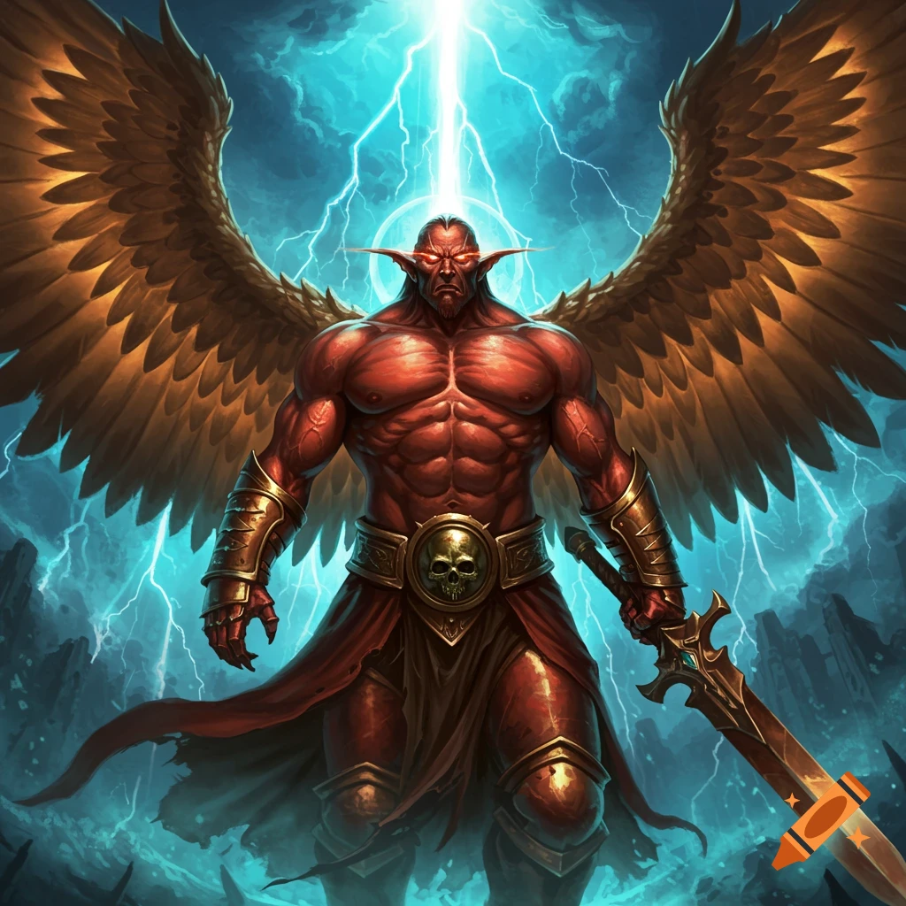 A powerful, muscular, red-skinned winged creature with glowing red eyes ...
