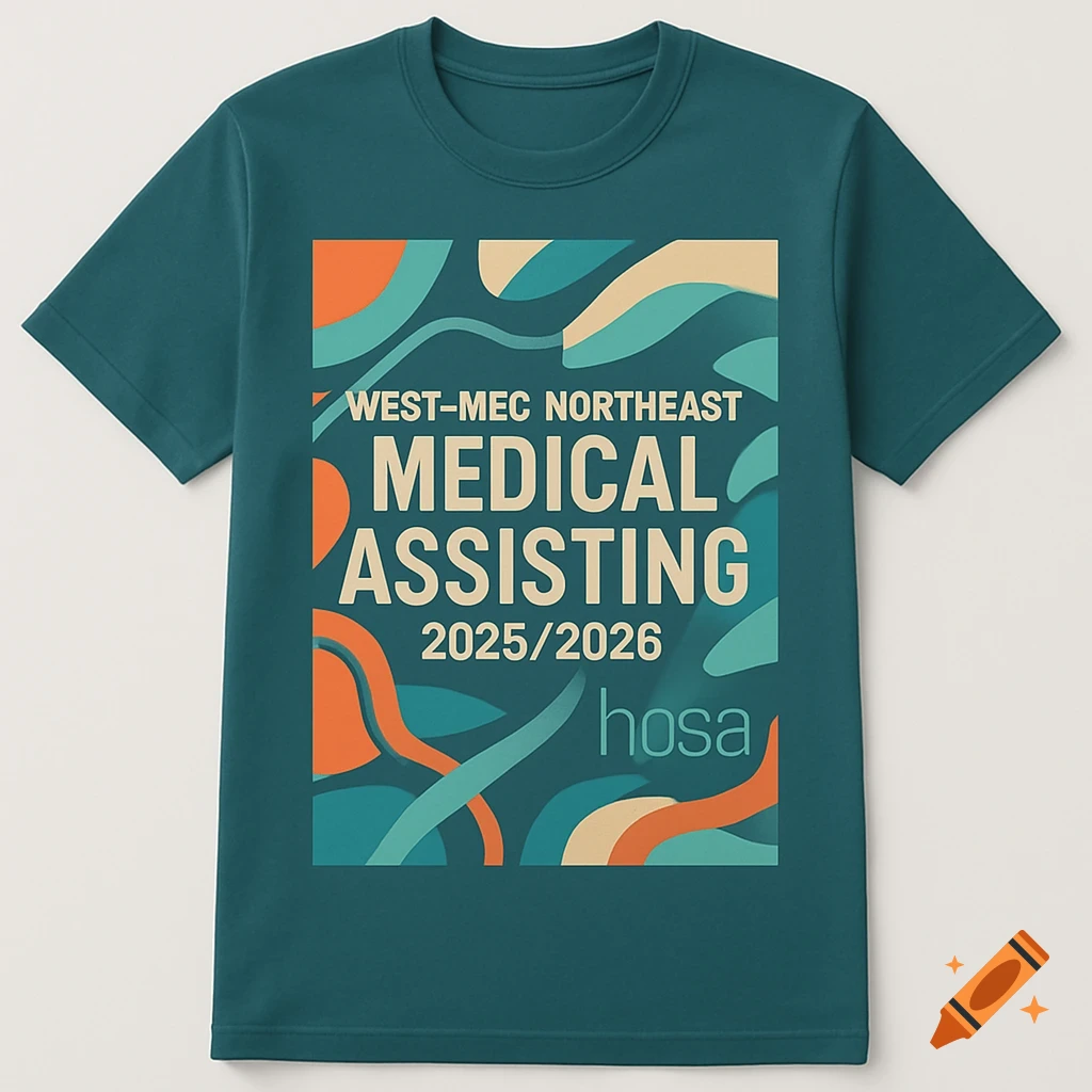 Teal t-shirt with a colorful abstract design featuring 'WEST-MEC ...