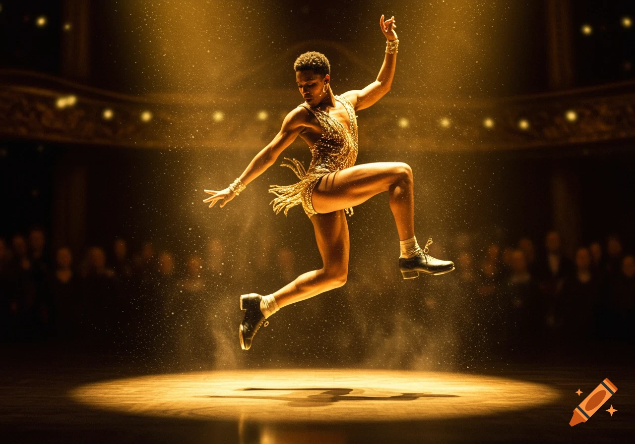 A male dancer in a sparkling gold costume leaps mid-air on a dimly lit ...
