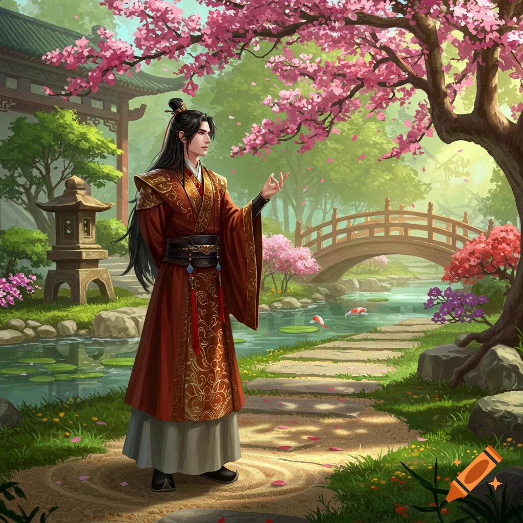 A long-haired Asian man in traditional blue robes sits at night ...