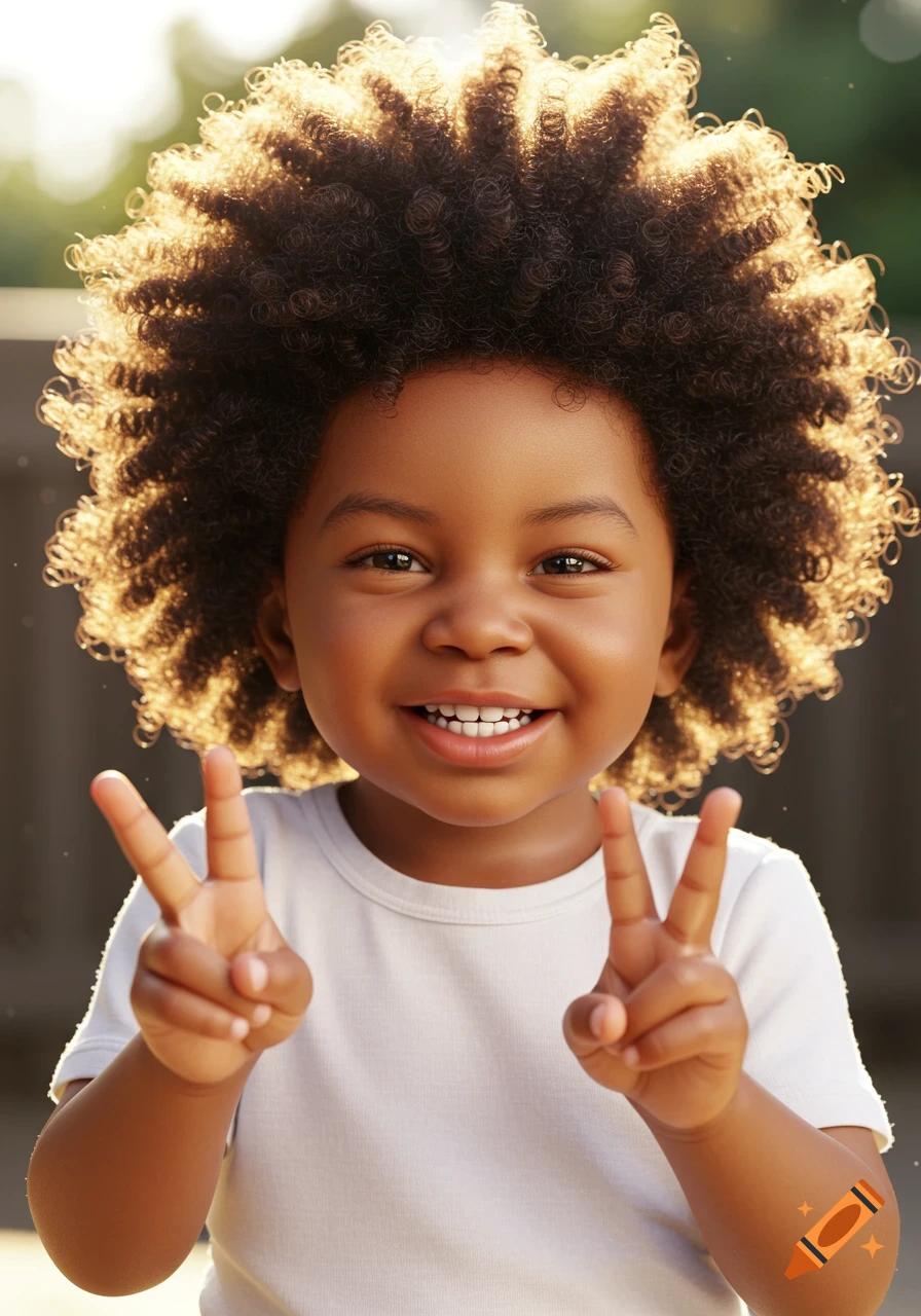 A photorealistic portrait of a smiling young child with afro hair ...