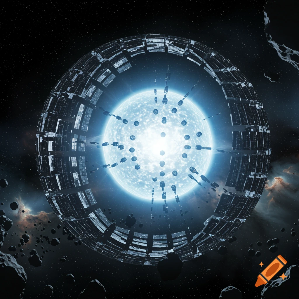 A photorealistic view of a massive ring-shaped megastructure in orbit ...