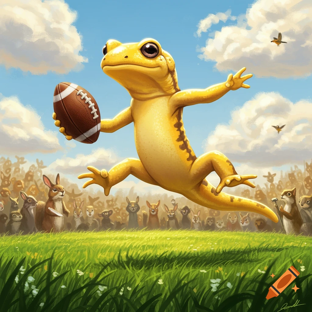 A cartoon yellow salamander runs with a football past a crowd of ...