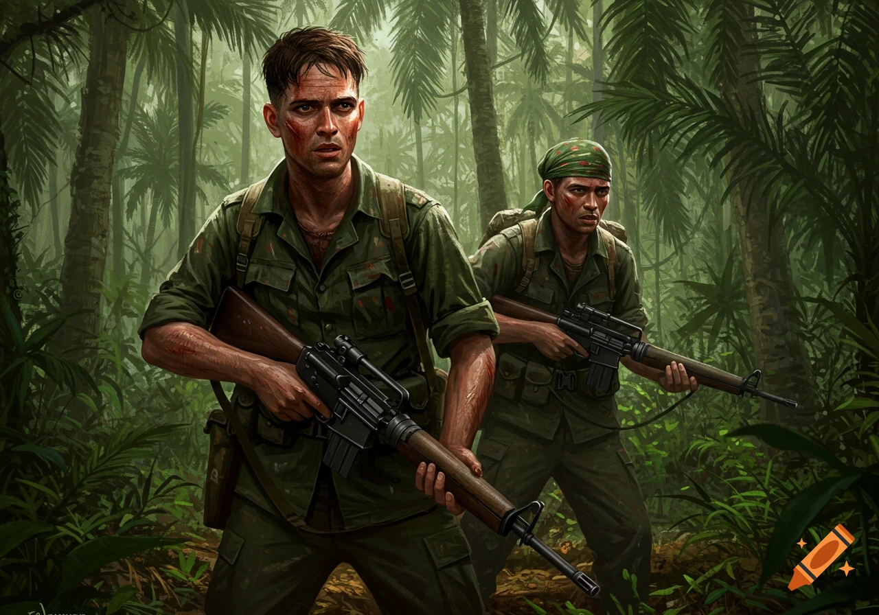 Two American soldiers, one with a green and red bandana, holding rifles ...