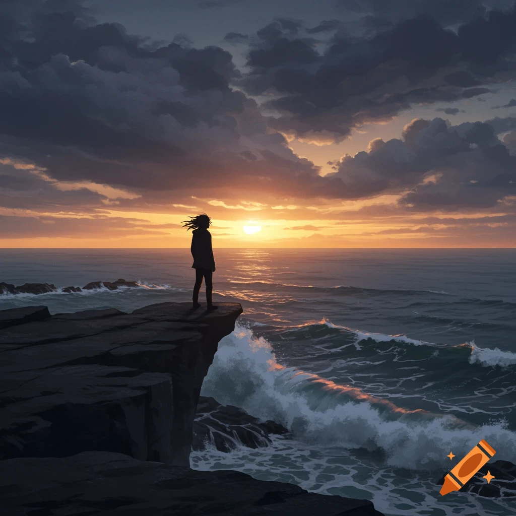 A lone figure stands on a cliff overlooking a vast ocean at sunset ...