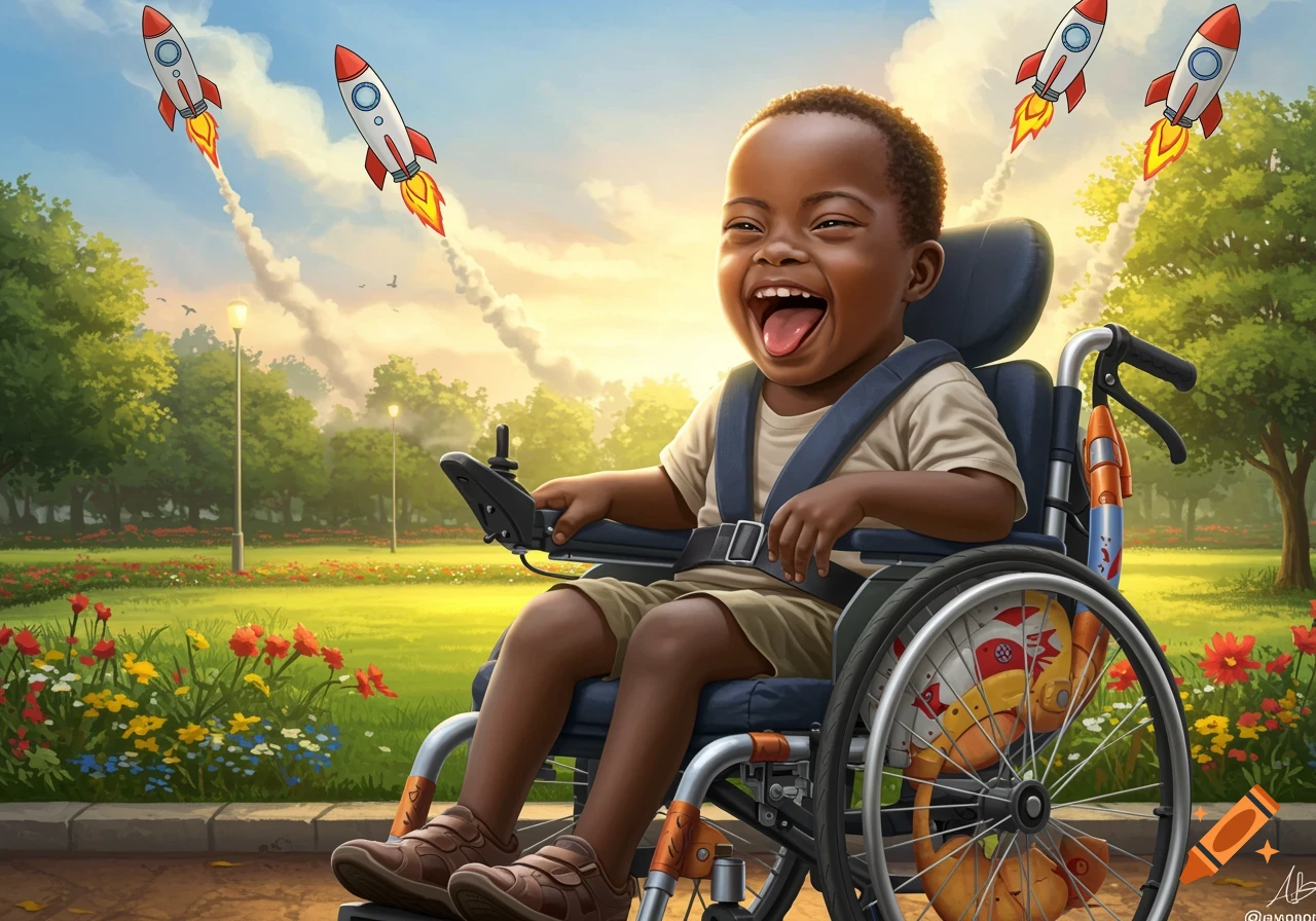 A bald Black child in a wheelchair floats above an erupting volcano ...