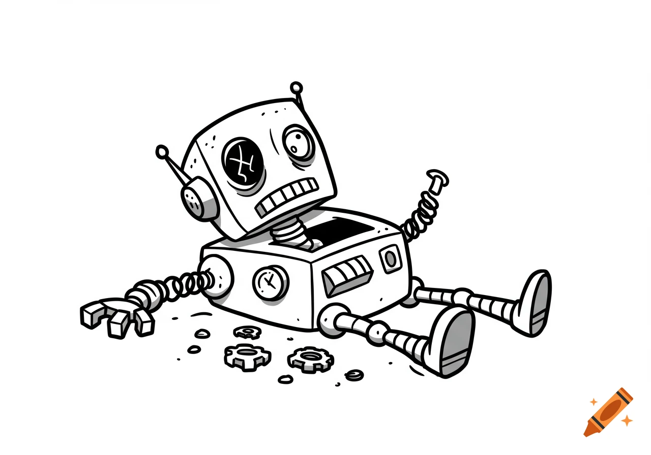 A sad, broken robot sits amidst scattered machine parts in a black and ...