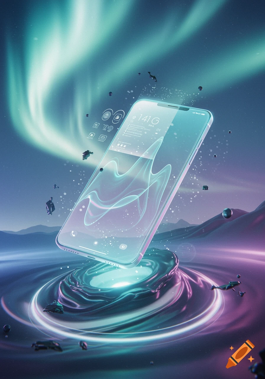A futuristic translucent smartphone floats above a swirling purple and ...