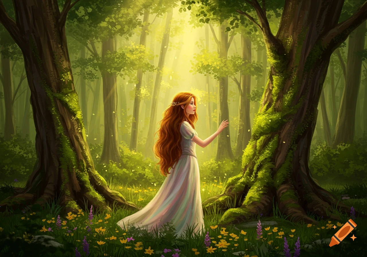 A young girl in a red hooded cape, like Little Red Riding Hood, stands ...