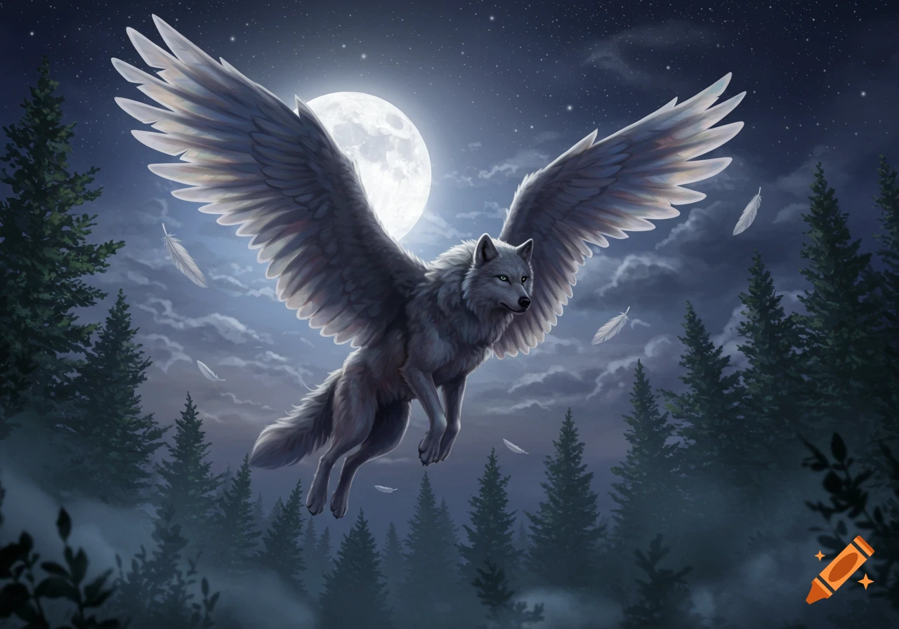 A majestic winged wolf soars through a starry night sky, bathed in ...