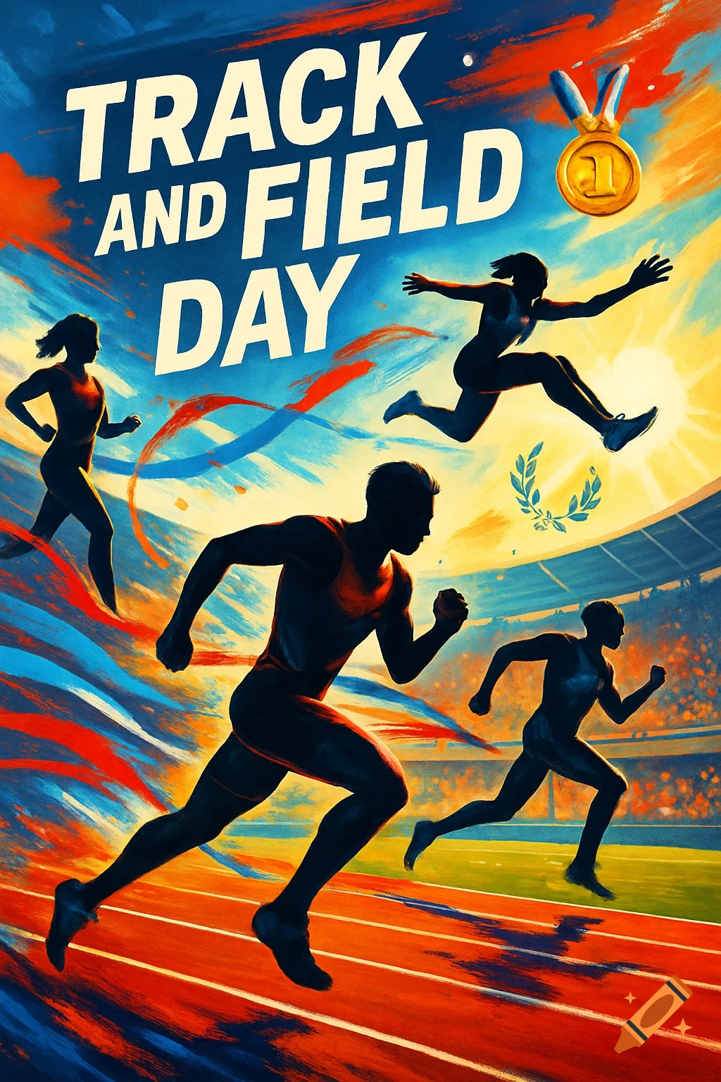 Stylized poster of silhouetted athletes running and jumping on a track ...