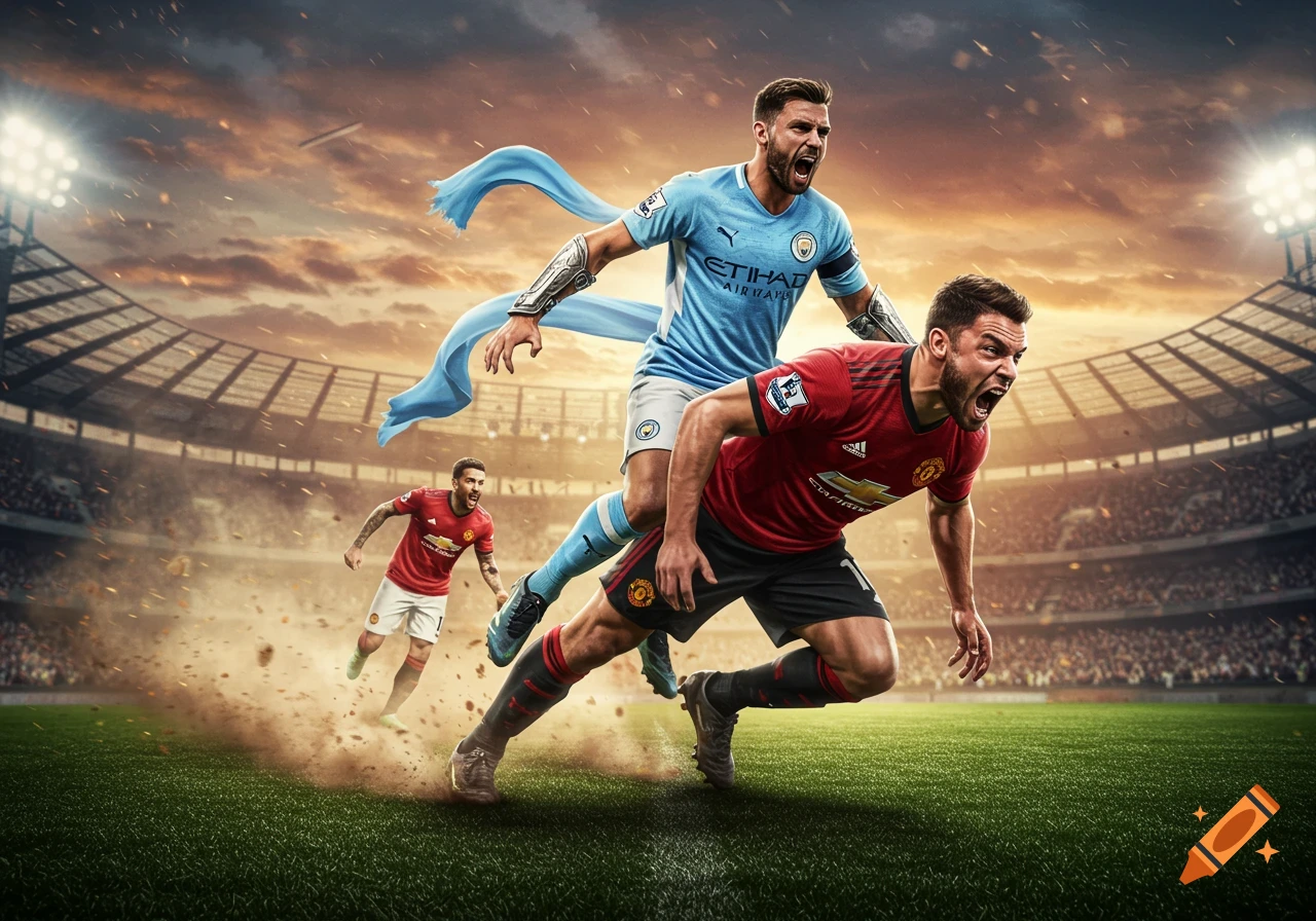 Two dynamic soccer players in light blue and red jerseys fiercely run ...