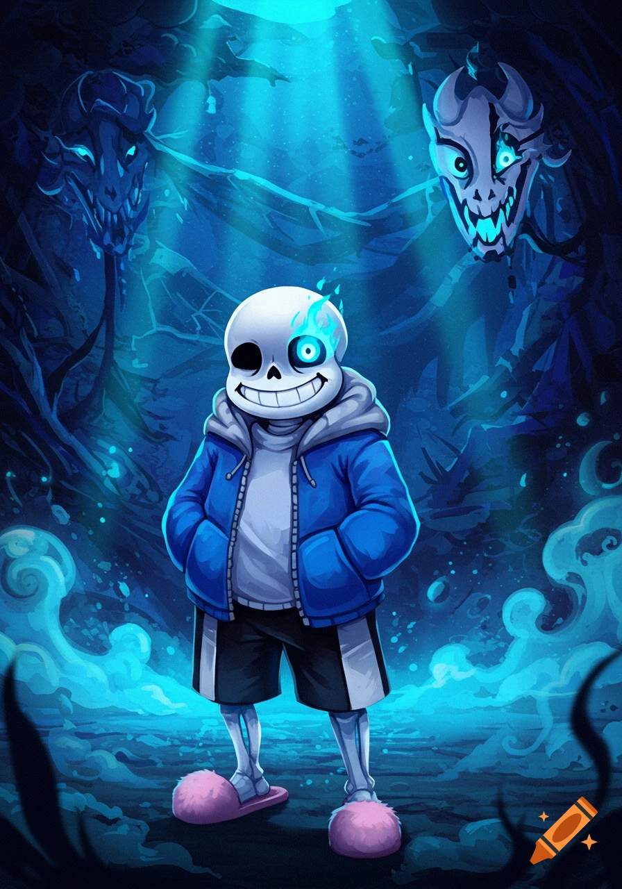 Cartoon skeleton Sans sits on a giant skeleton hand in space, eating a ...