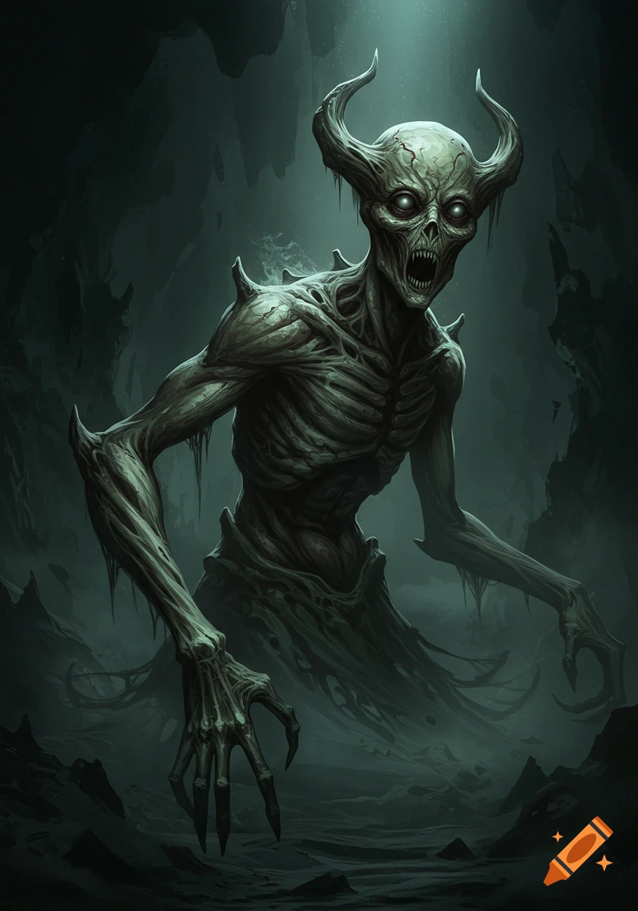 A grotesque, skeletal horror creature with horns and glowing eyes ...