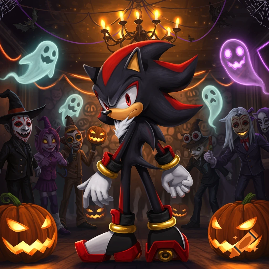 Shadow the Hedgehog poses at a spooky Halloween party with ghosts and ...