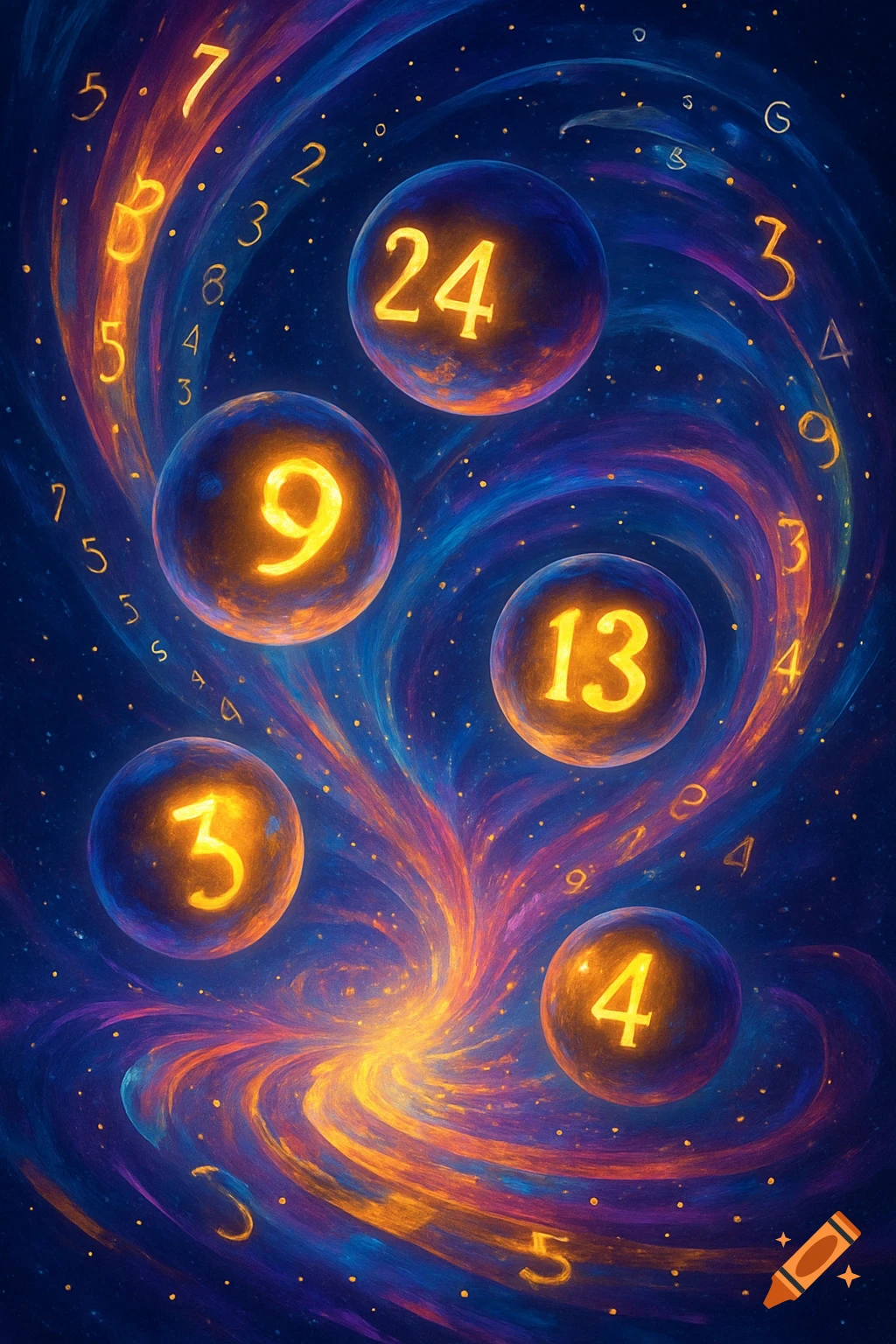 Glowing numbers inside cosmic spheres swirl through a starry, abstract ...