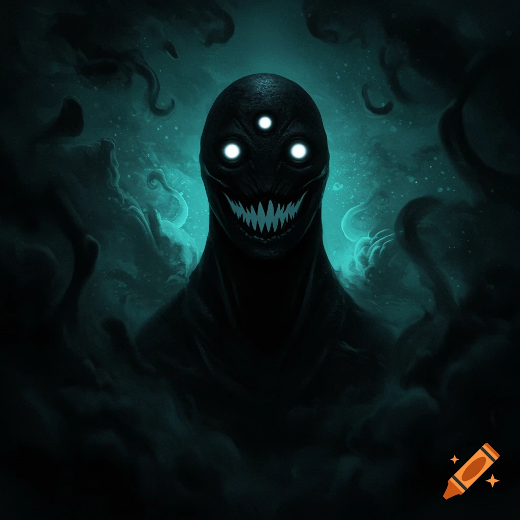 A terrifying dark creature with glowing eyes stands in a crumbling room ...