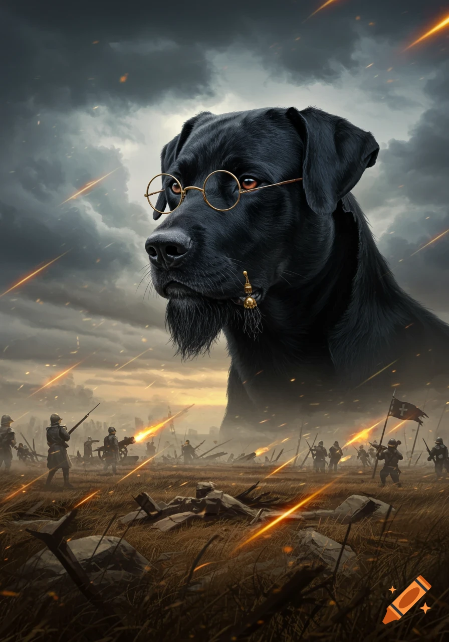 A large black Labrador dog wearing round glasses and a goatee overlooks ...