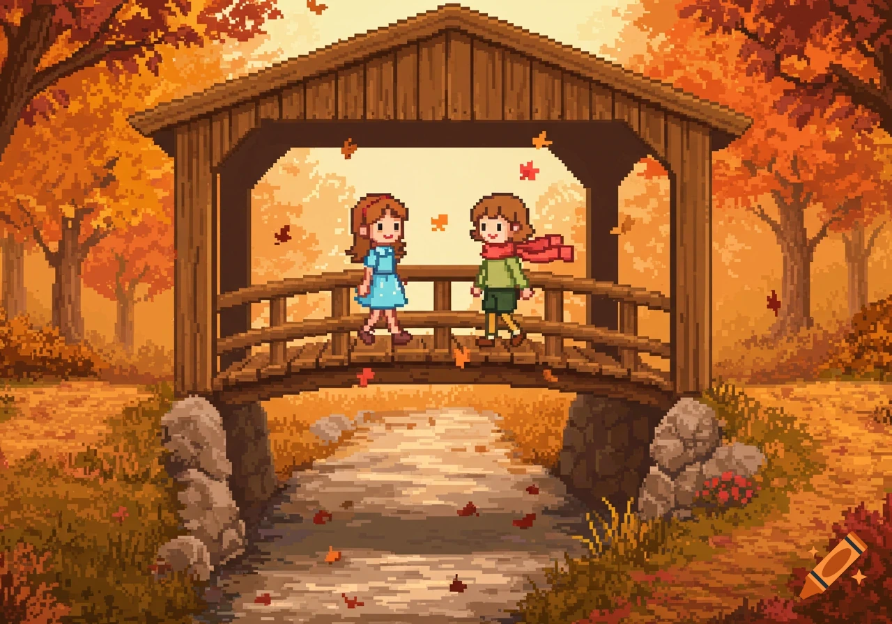 A pixel art scene of two girls walking on a covered wooden bridge in an ...
