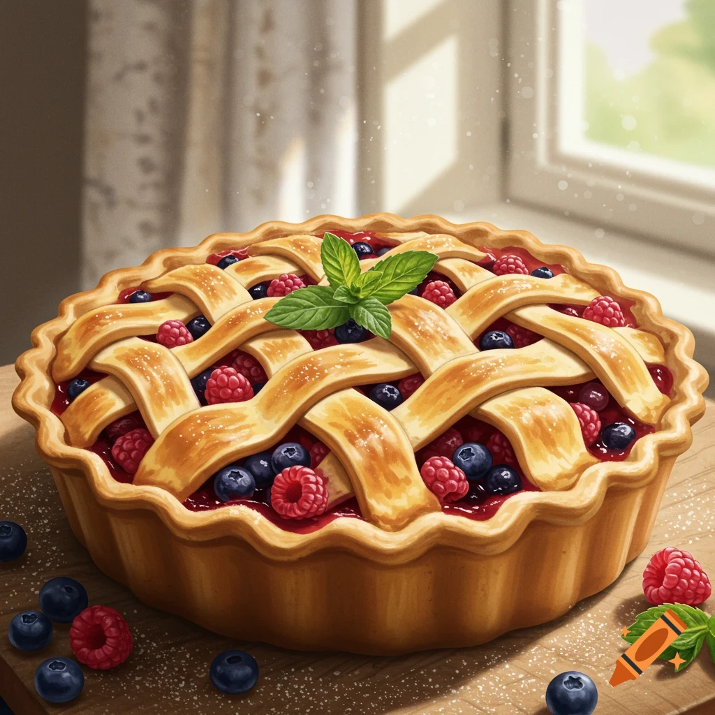 A vibrant, illustrative berry pie with a lattice crust on a wooden ...