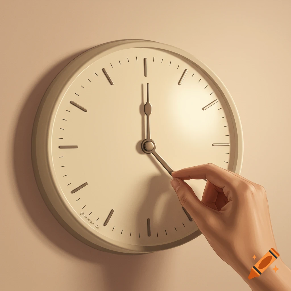 A close-up of a hand adjusting the time on a minimalist wall clock ...