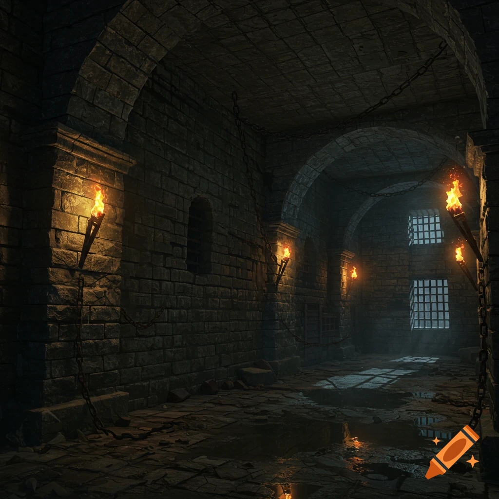 A dimly lit ancient stone dungeon room with sunlight beams through ...