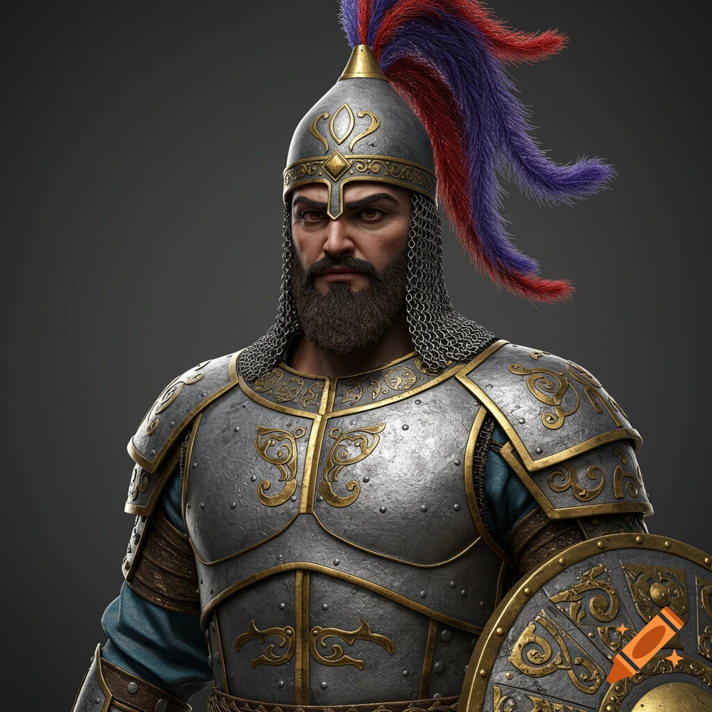 Photorealistic depiction of a warrior in ornate metal armor, chainmail ...