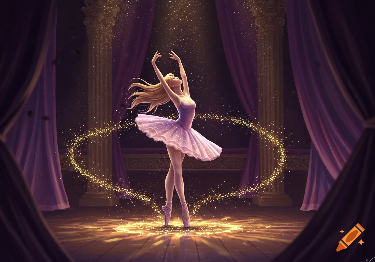 A ballerina in a pink tutu poses on stage, illuminated by spotlights ...