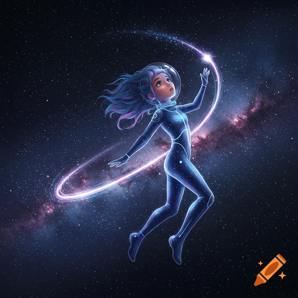 A Roblox-style character with long purple hair and a regal outfit floats happily in a cosmic ...