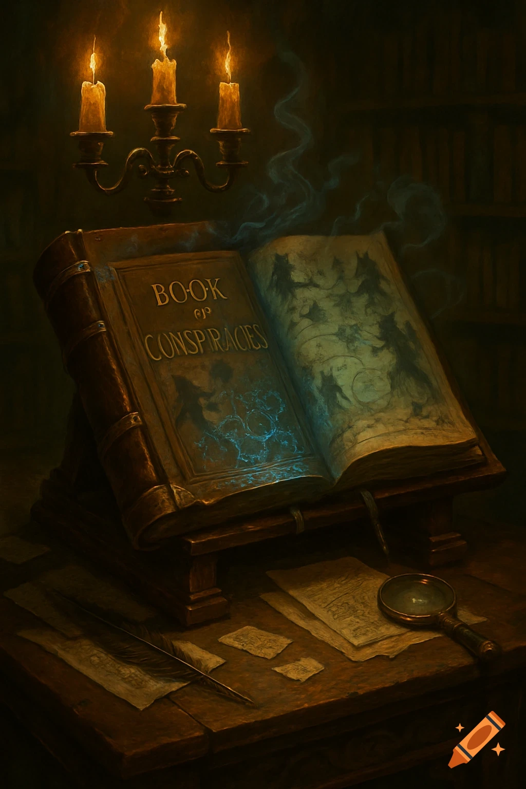 An open book and a spiral-bound sketchbook on a carved wooden table ...