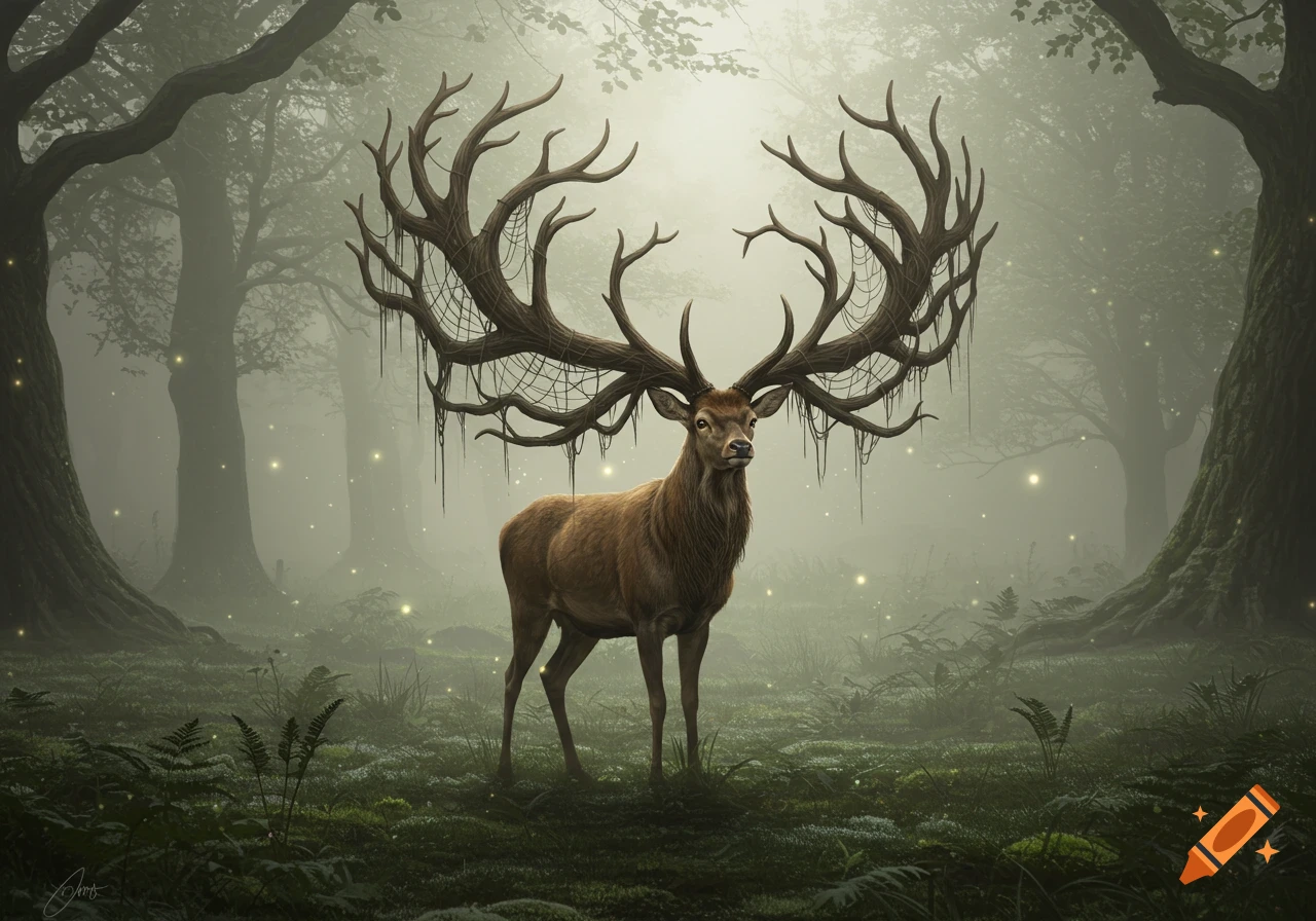 A vibrant red fox with majestic deer antlers stands in a mystical ...