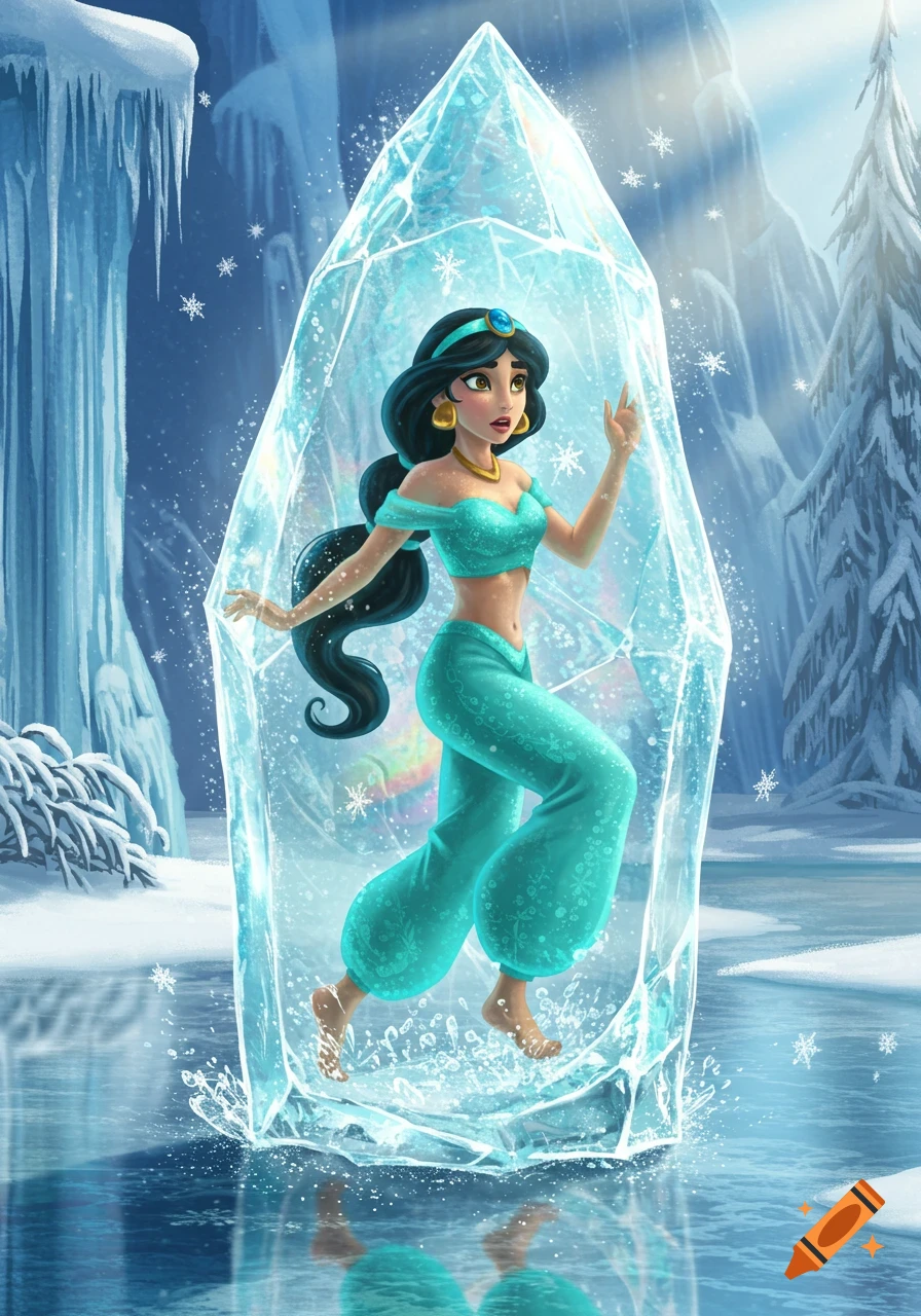 Princess Jasmine in a teal outfit trapped inside a large ice block in a ...