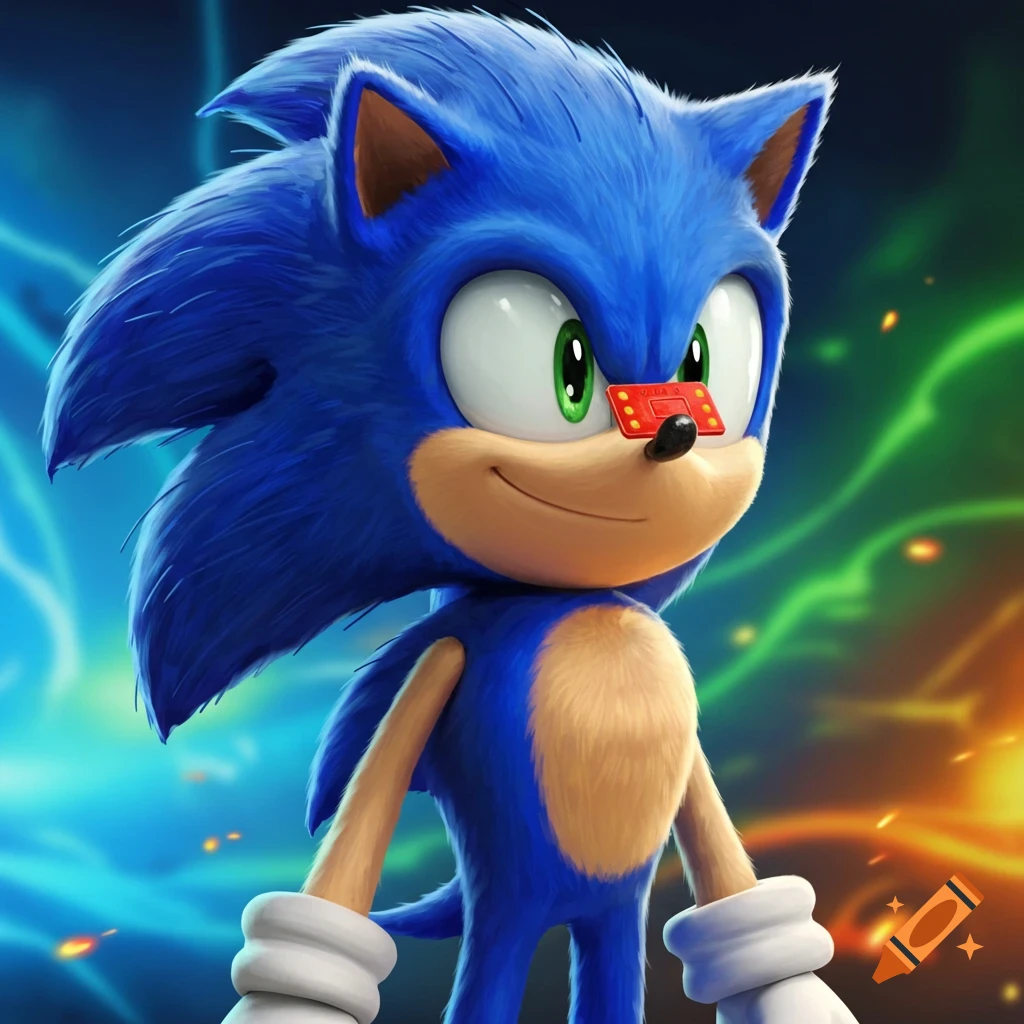 Sonic the Hedgehog with a red chip clip on his nose, smiling, against a ...
