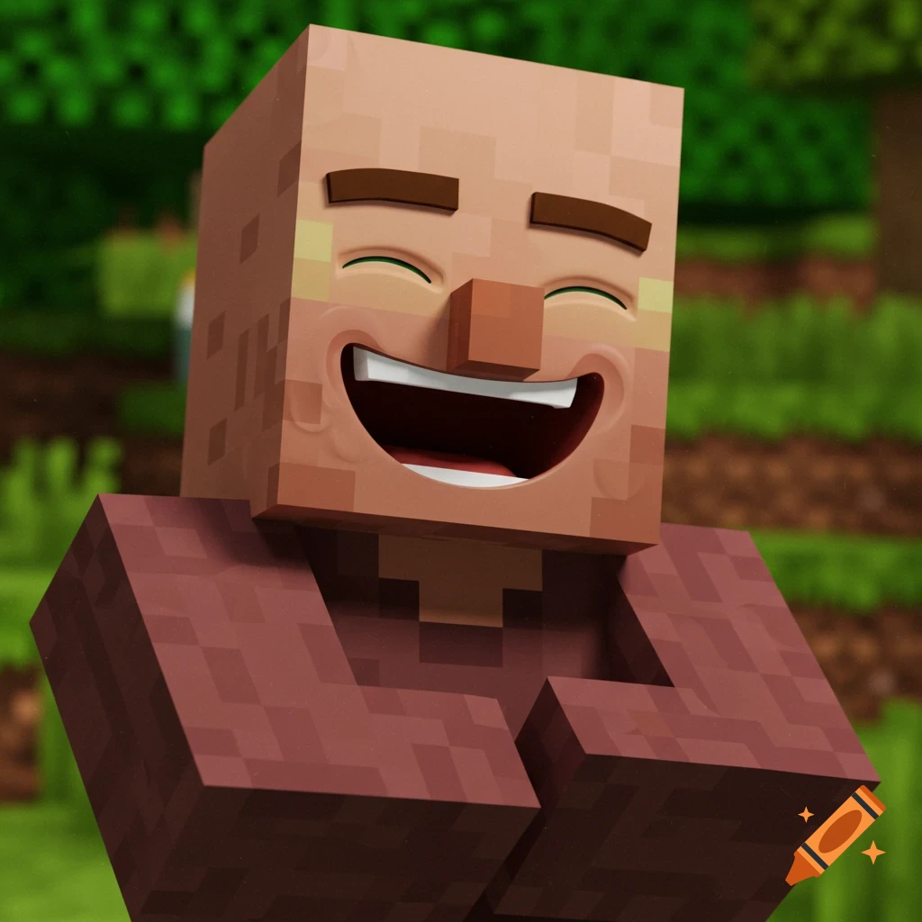 Close-up of a laughing Minecraft villager with a large nose and unibrow ...