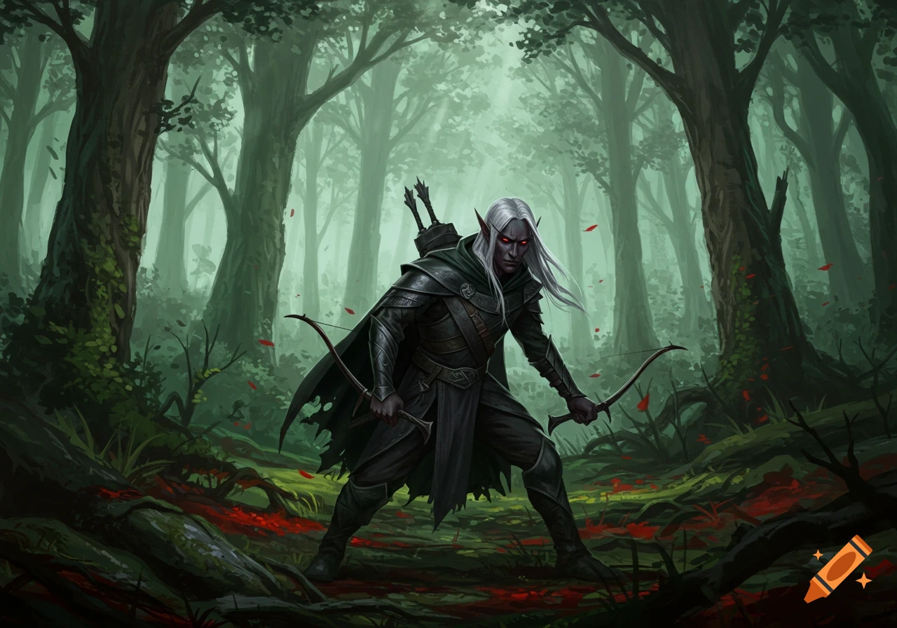 A dark elf ranger with white hair and red eyes stands ready with two ...