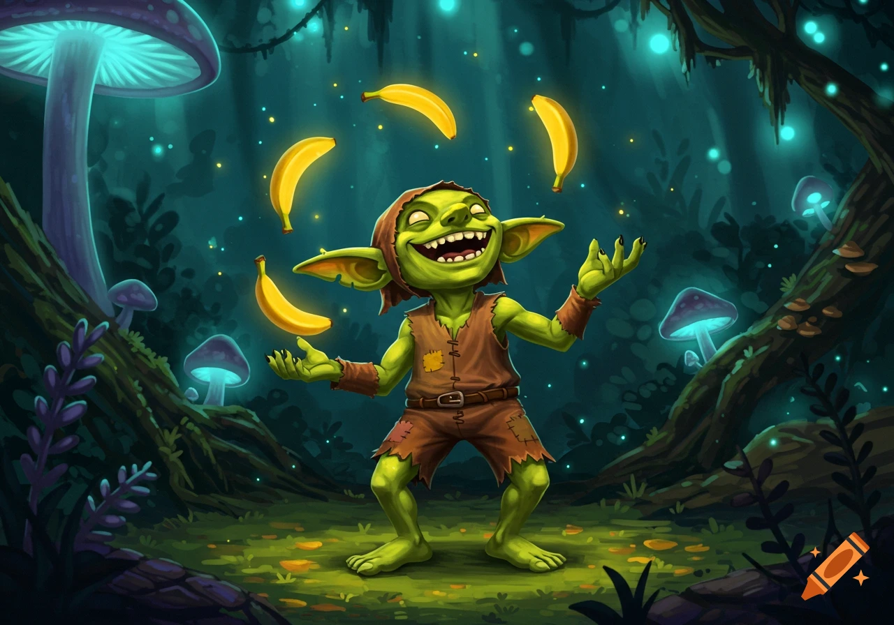 A mischievous green goblin in a brown hooded tunic stands in a dark ...