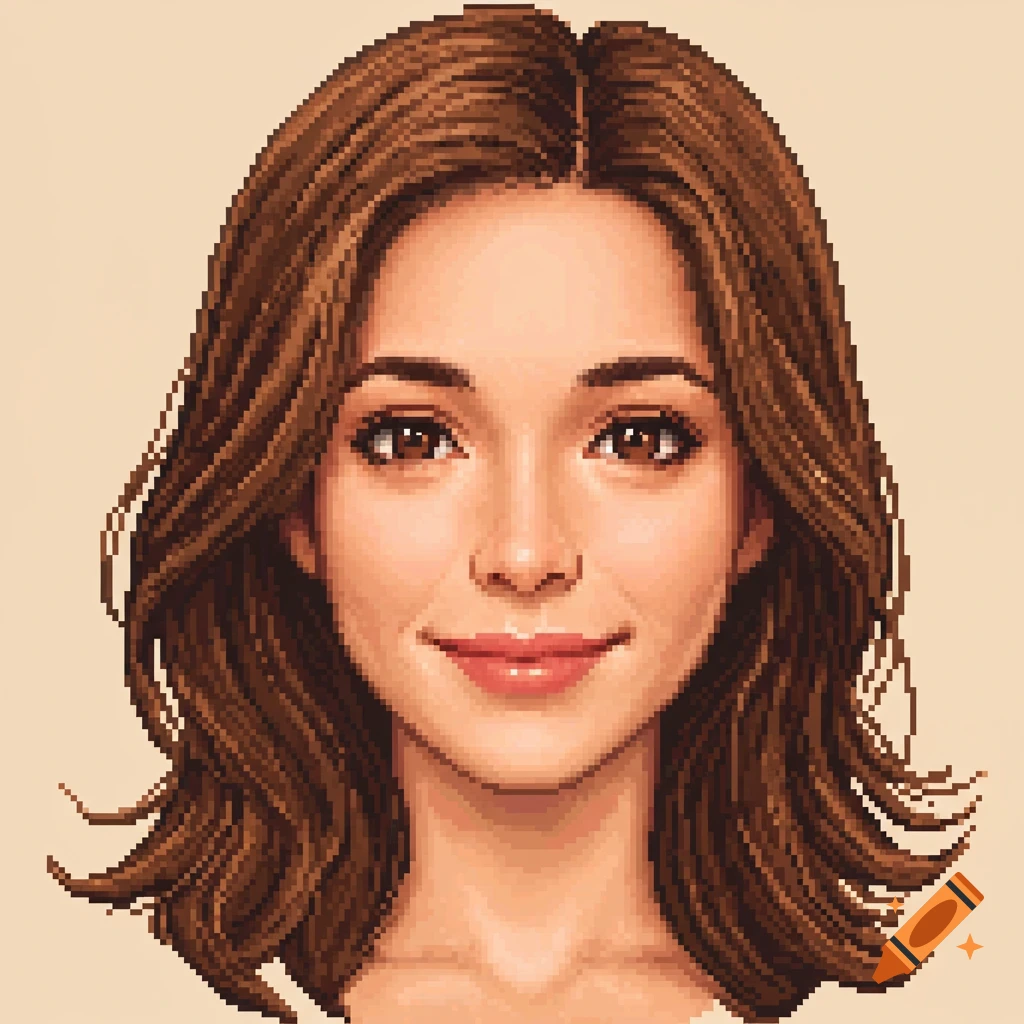 A pixel art portrait of a woman with medium-length brown hair and a warm smile. on Craiyon