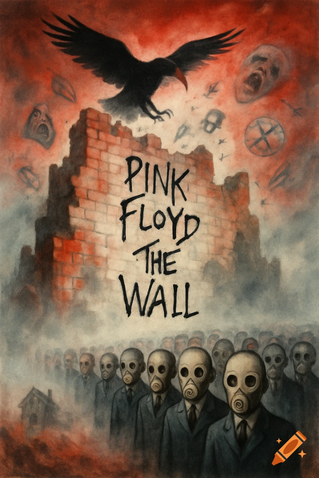 Dark, surreal illustration of a brick wall with 'Pink Floyd The Wall ...