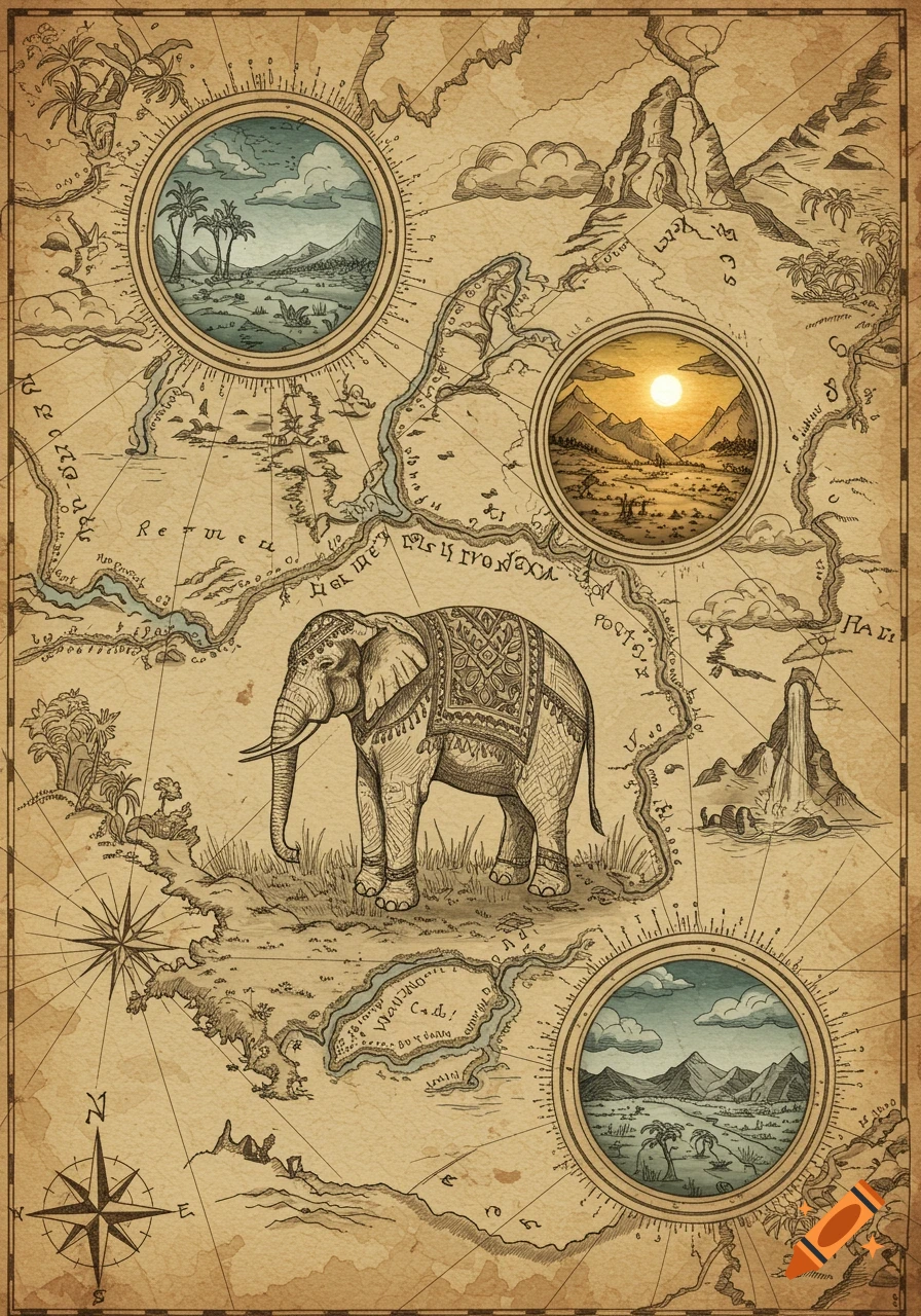 Vintage treasure map illustration with a central elephant, three ...