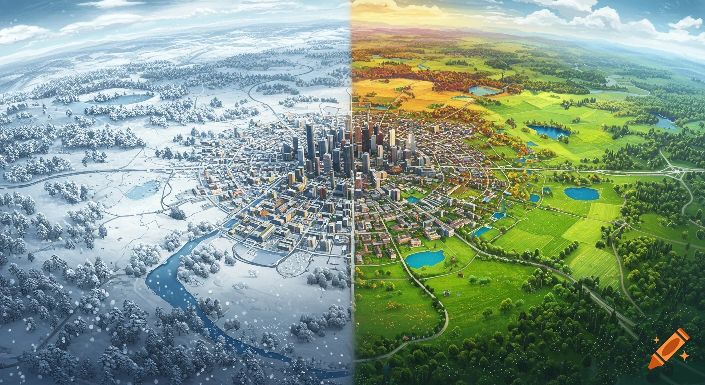 Aerial view of a city split down the middle, with a snowy winter ...