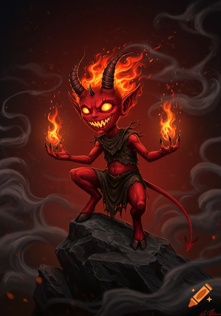 Sinister anthropomorphic peach with devil horns, glowing red eyes ...