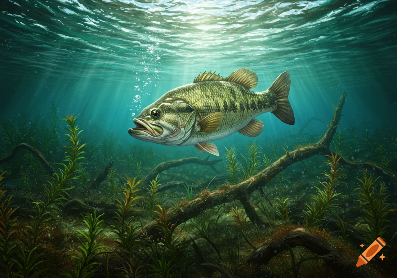 A detailed, realistic illustration of a large bass fish swimming ...