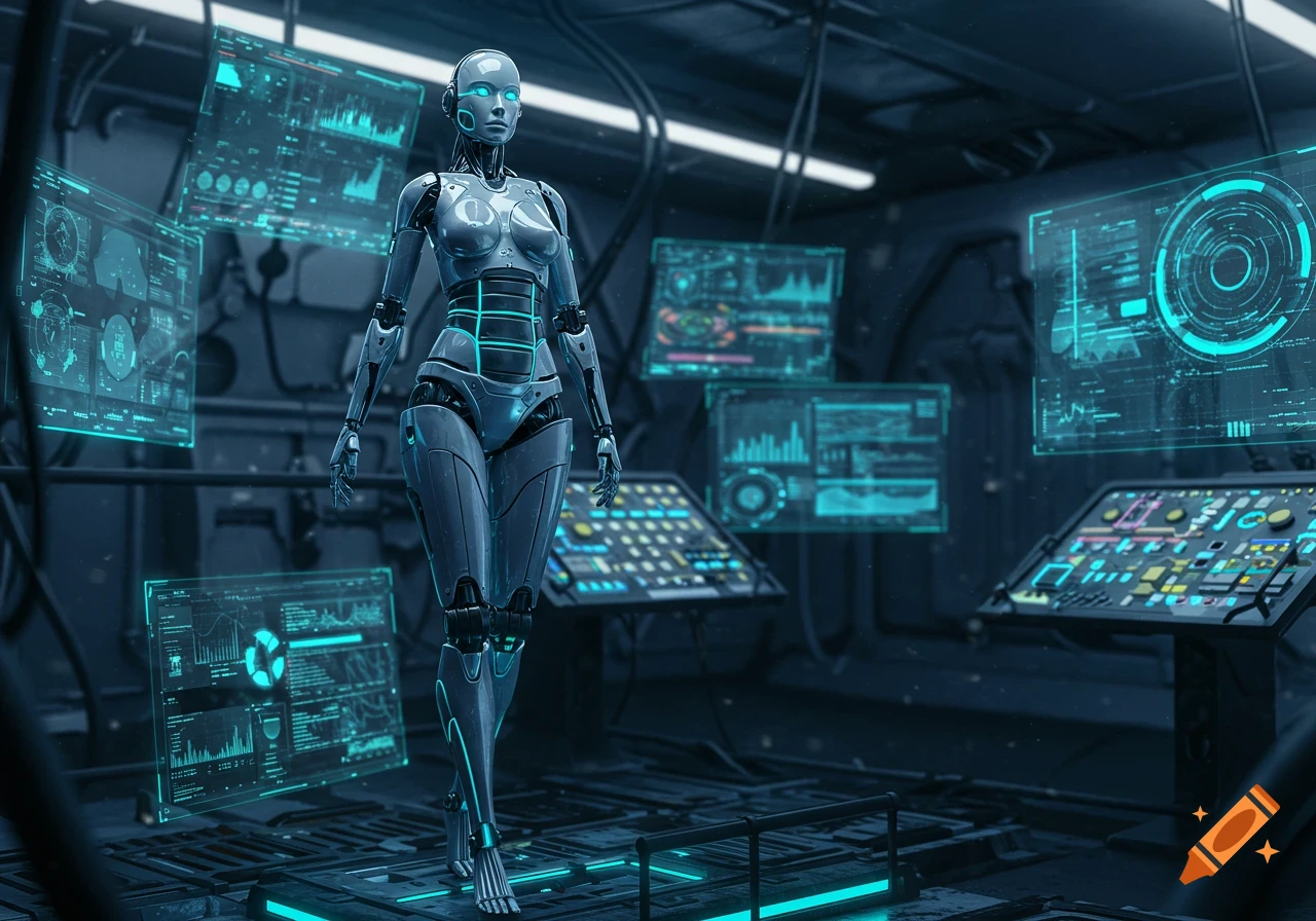 A metallic robot with glowing blue eyes stands in a futuristic corridor, surrounded by ...