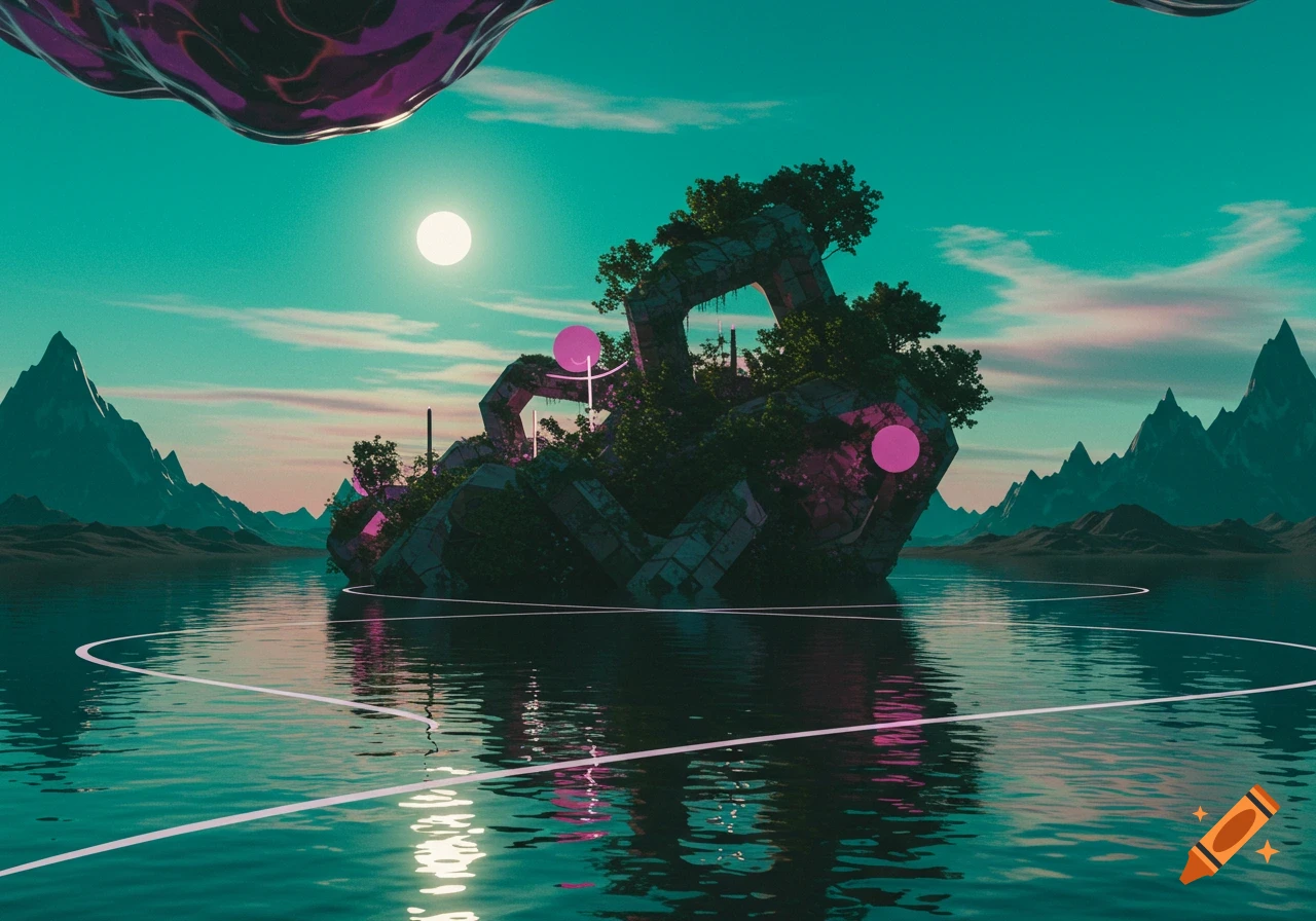 Surreal image of a man's head with green hair and metallic skin inside ...