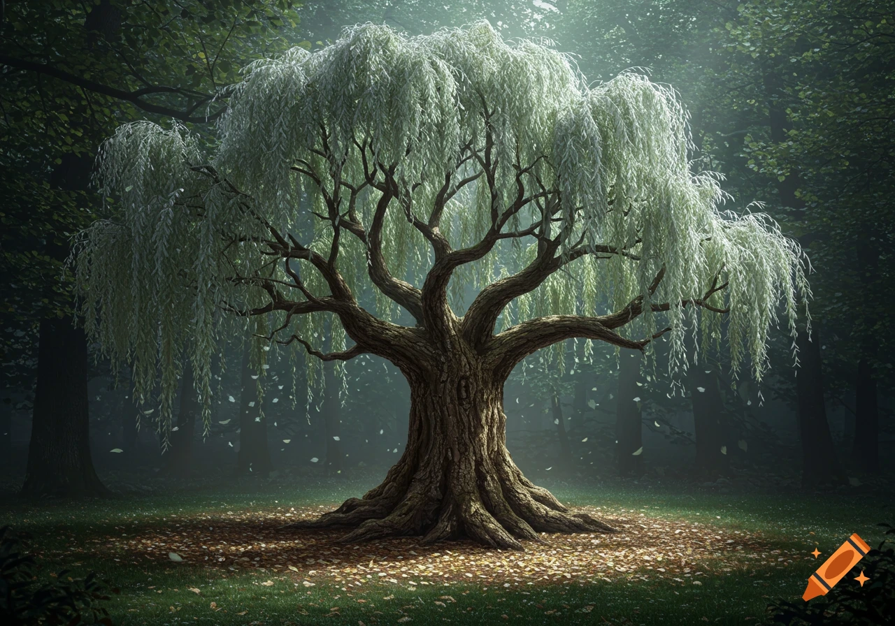 A digital illustration of a vibrant green willow tree reflected in calm ...