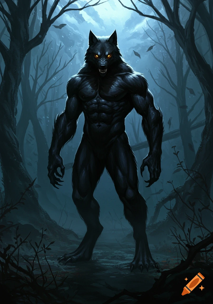 A snarling werewolf with glowing orange eyes and sharp claws stands in a dark, misty forest ...